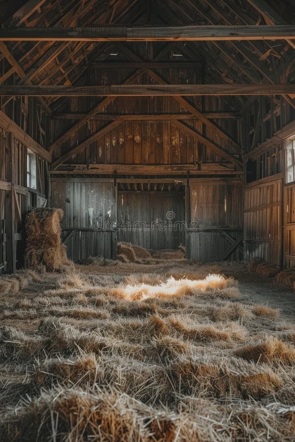A Rustic Barn Filled with Hay and Stacked Hay Bales Stock Photo - Image ...