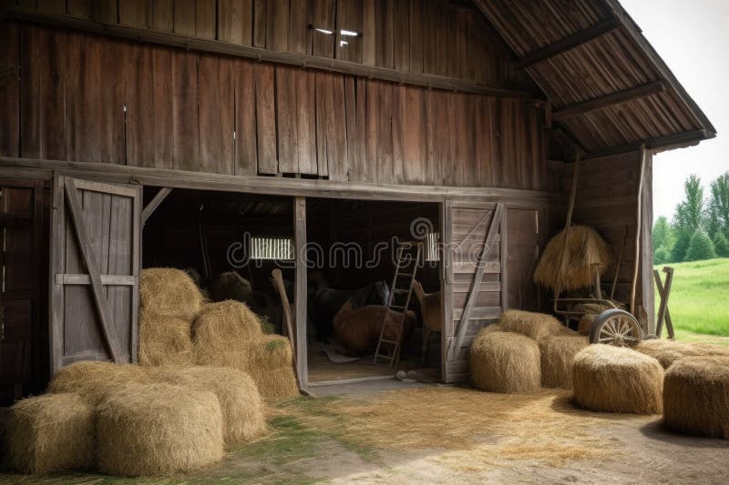 Rustic Barn with Freshly Baled Hay for the Horses, and Saddle Hanging ...