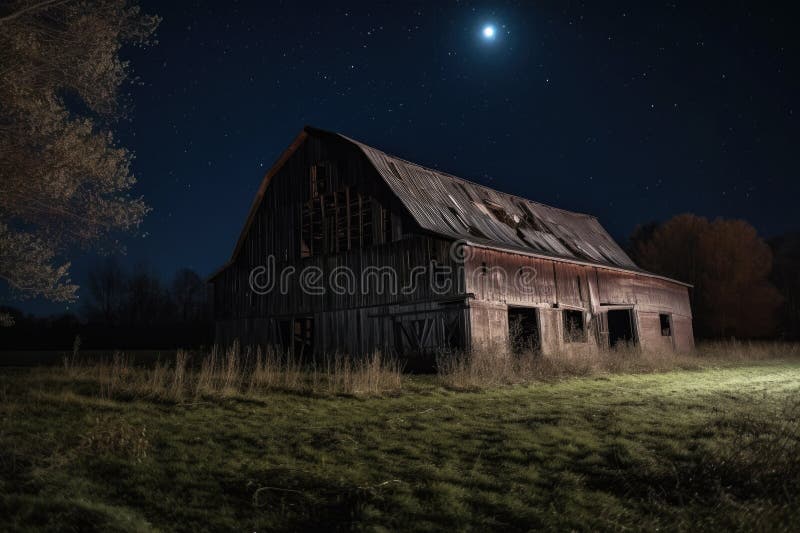 Rustic Barn with Full Moon Shining in the Night Sky Stock Illustration ...