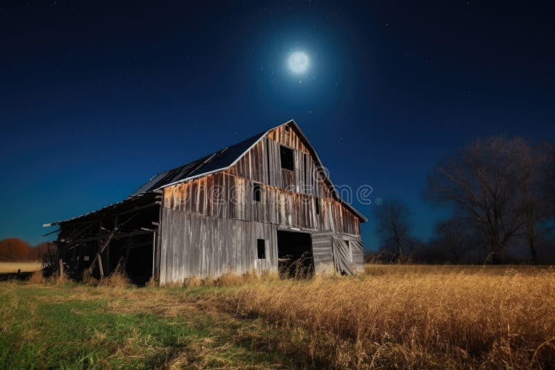 Rustic Barn with Full Moon Shining in the Night Sky Stock Illustration ...