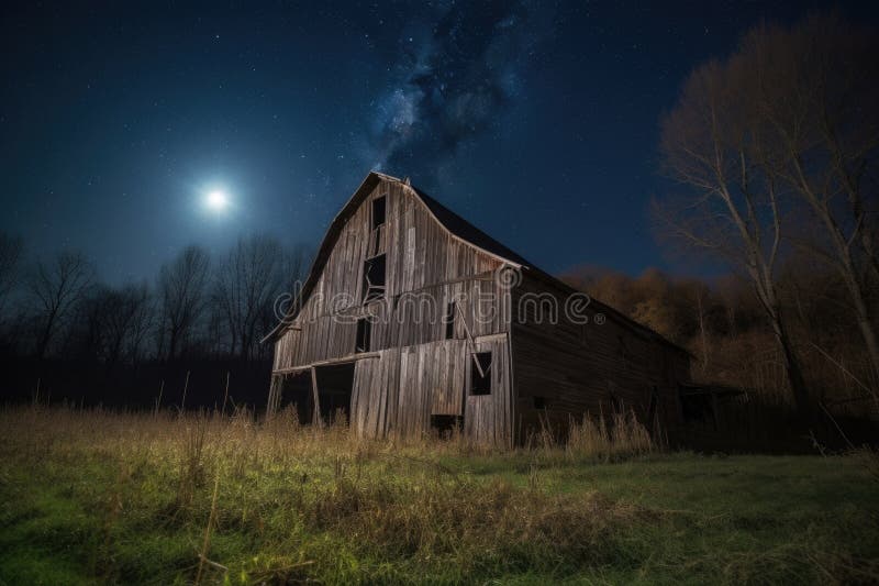 Rustic Barn with Full Moon Shining in the Night Sky Stock Illustration ...