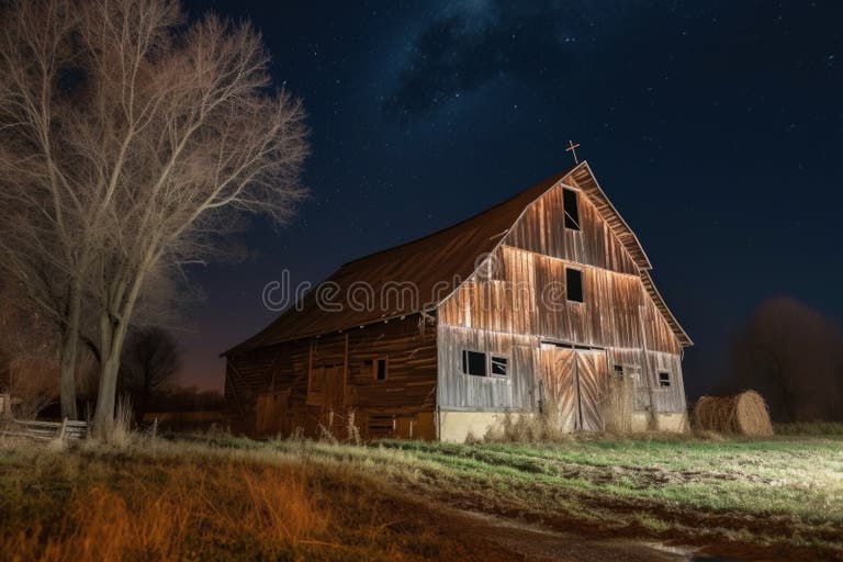 Rustic Barn with Full Moon Shining in the Night Sky Stock Illustration ...