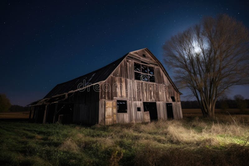 Rustic Barn with Full Moon Shining in the Night Sky Stock Illustration ...