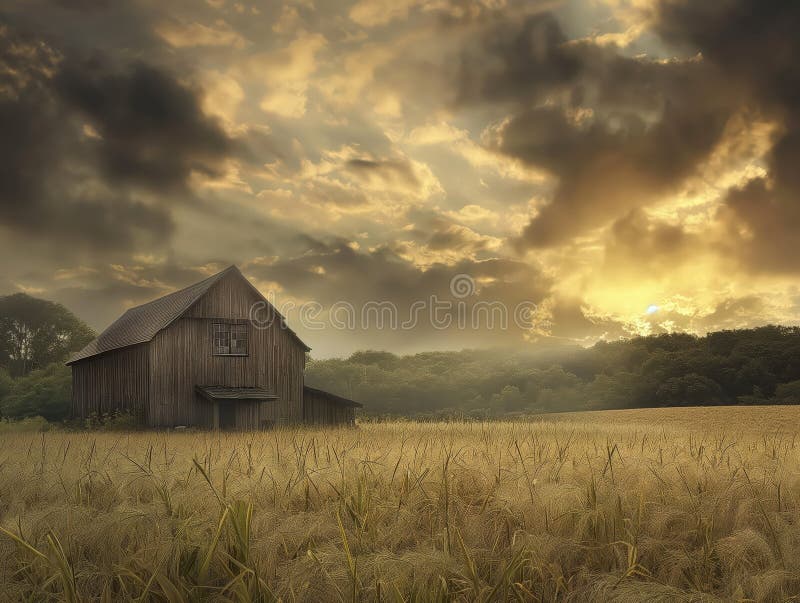 Rustic Barn in Golden Wheat Field at Sunset Stock Photo - Image of ...