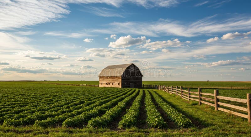 Rustic Barn and Green Farmland Under Blue Sky with Clouds Stock ...