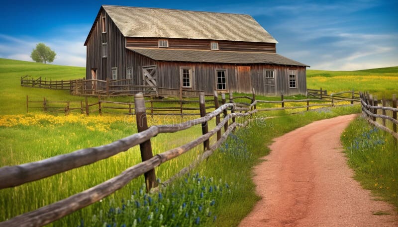 Rustic Barn in Green Meadow, Surrounded by Nature Beauty Generated by ...