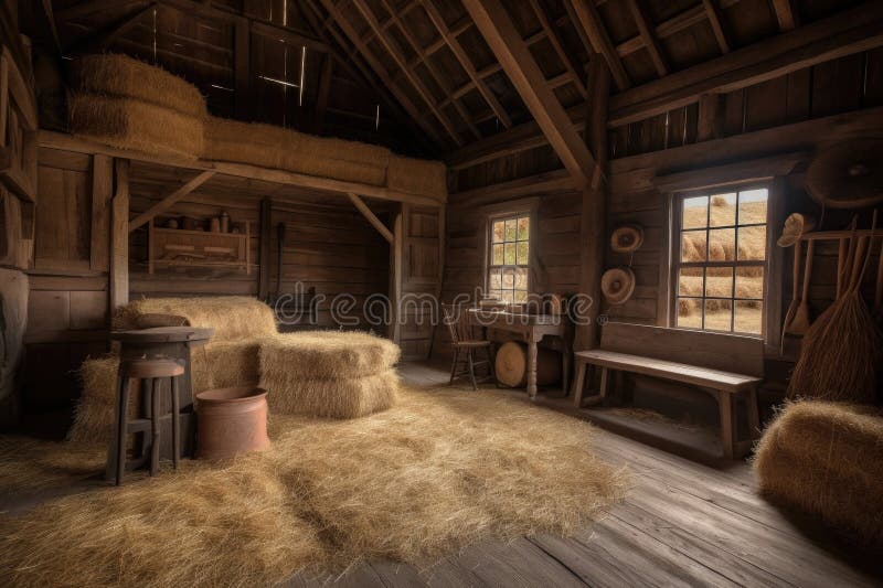 Rustic Barn with Hay Bales and Harvest Scene on the Interior Stock ...