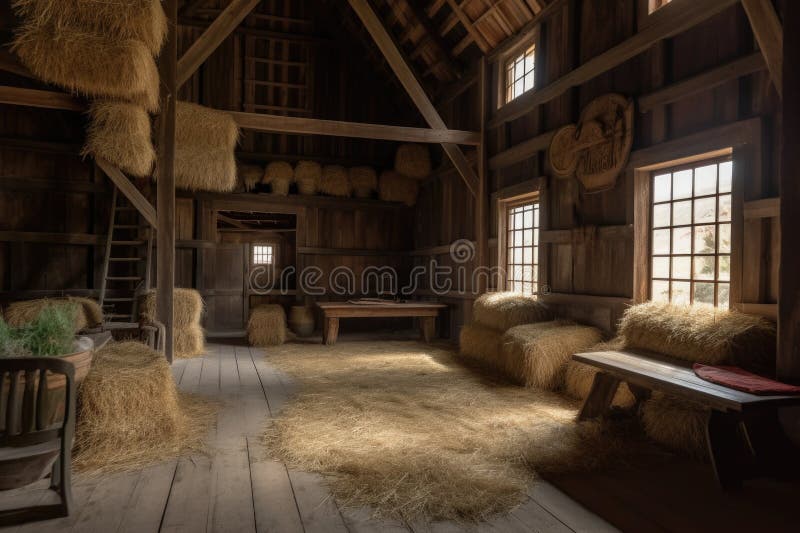 Rustic Barn with Hay Bales and Harvest Scene on the Interior Stock ...