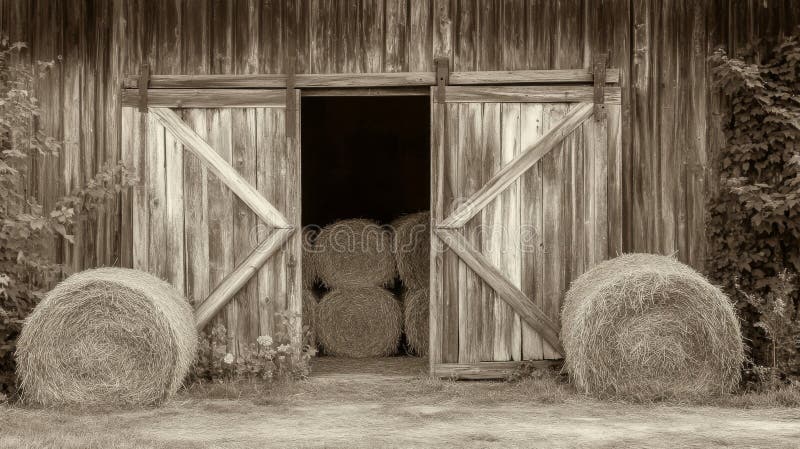 Rustic Barn with Hay Bales and Open Doors in the Countryside Stock ...