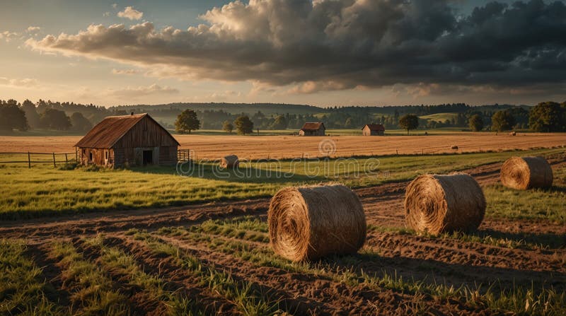 Rustic Barn and Hay Bales in Scenic Countryside at Sunset with Dramatic ...