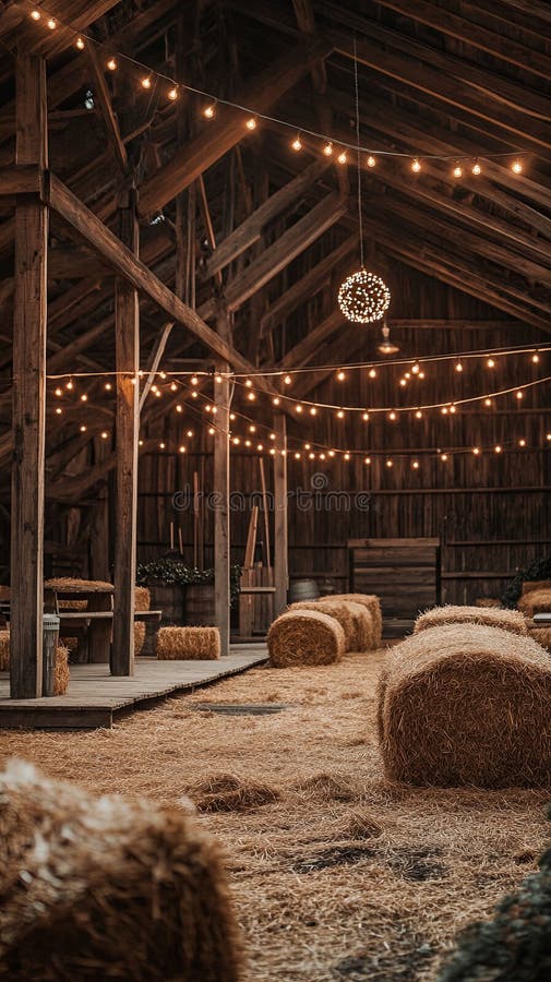 A Rustic Barn with Hay Bales, Wooden Beams, and String Lights Stock ...