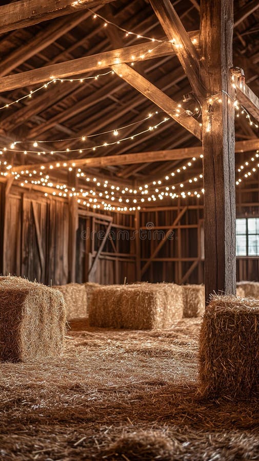 A Rustic Barn with Hay Bales, Wooden Beams, and String Lights Stock ...