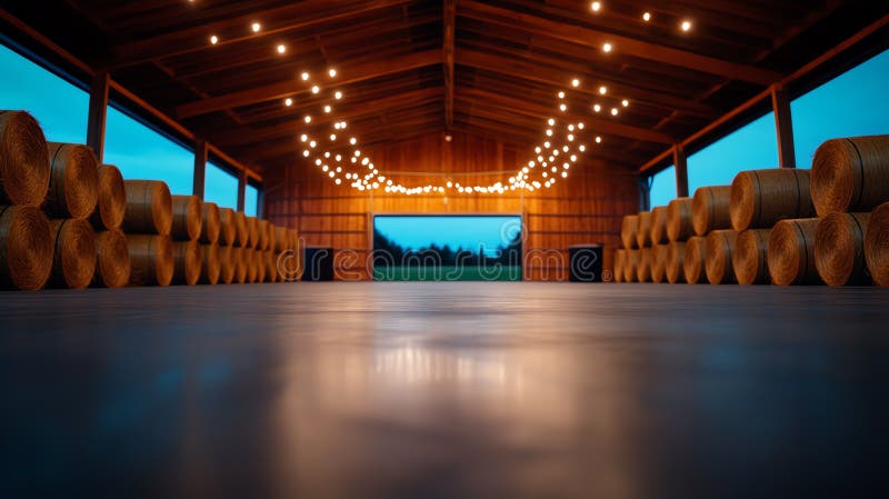 Rustic Barn Interior with Bales, String Lights, and a Serene View Ideal ...