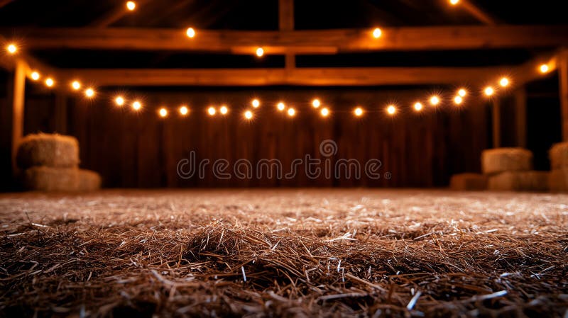 Rustic Barn Interior with Hay Bales and String Lights, Warm Ambience ...