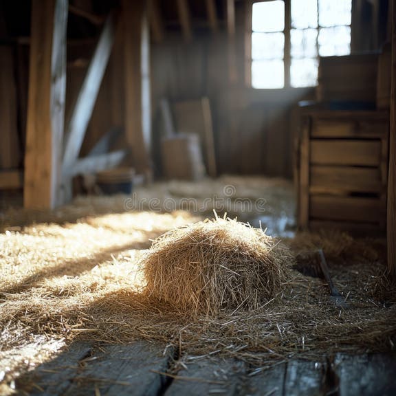 A Rustic Barn Interior with Hay Bales and Sunlight Filtering in. Stock ...