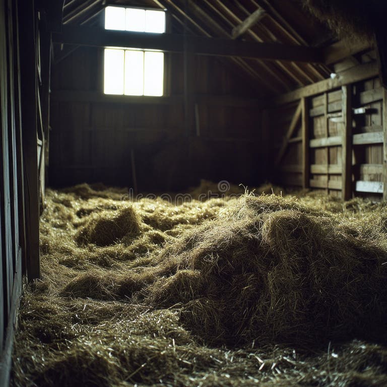 Rustic Barn Interior with Hay Bales and Sunlight Filtering through ...