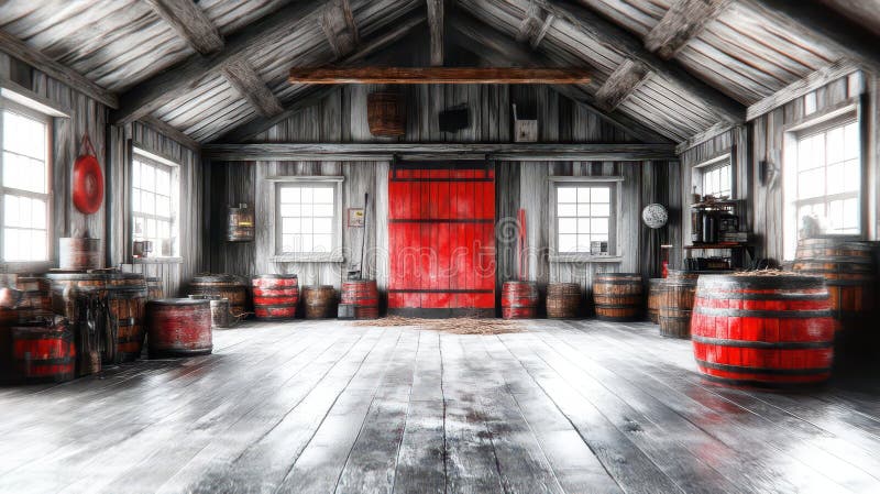Rustic Barn Interior with Red Barrels Stock Image - Image of setting ...