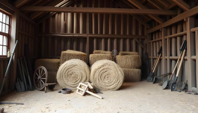 Rustic Barn Interior with Round Hay Bales and Vintage Farming Tools ...