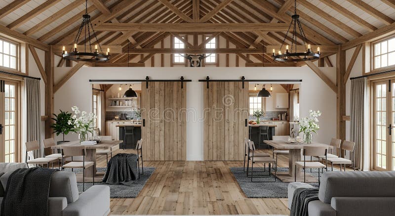 Rustic Barn Interior with Sliding Doors and Exposed Beam Ceiling Stock ...