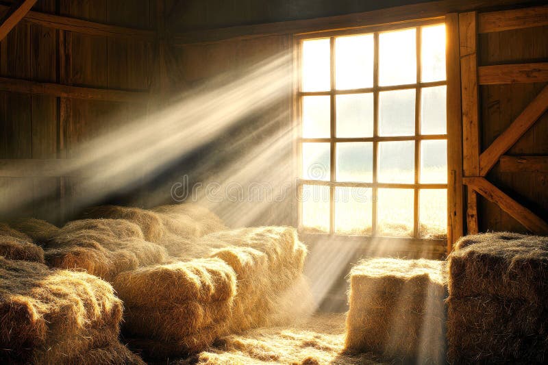 Rustic Barn Interior with Sunlit Hay Bales Stock Image - Image of ...