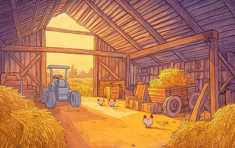 Rustic Barn Interior with a Tractor and Chickens during a Serene Sunset ...