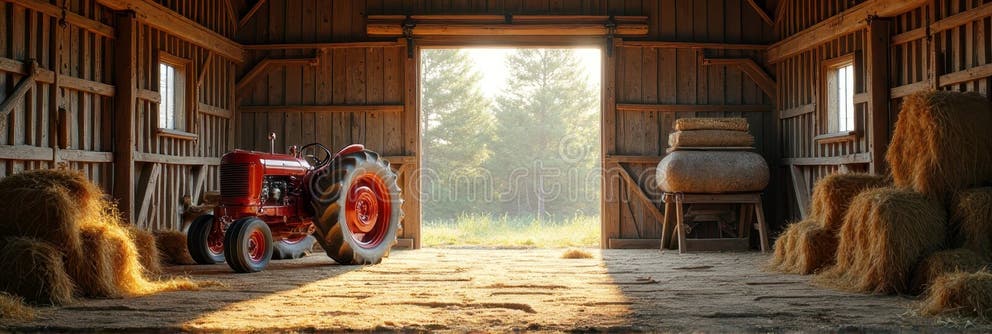 Rustic Barn Interior with Vintage Red Tractor and Hay Bales at Sunrise ...