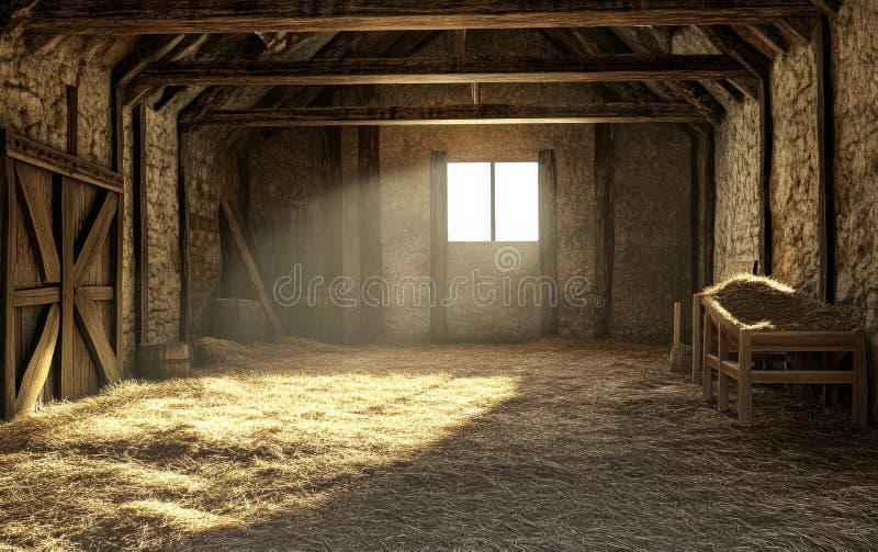 Rustic Barn Interior with Wooden Tools and Hay Bales in Cozy Farm ...