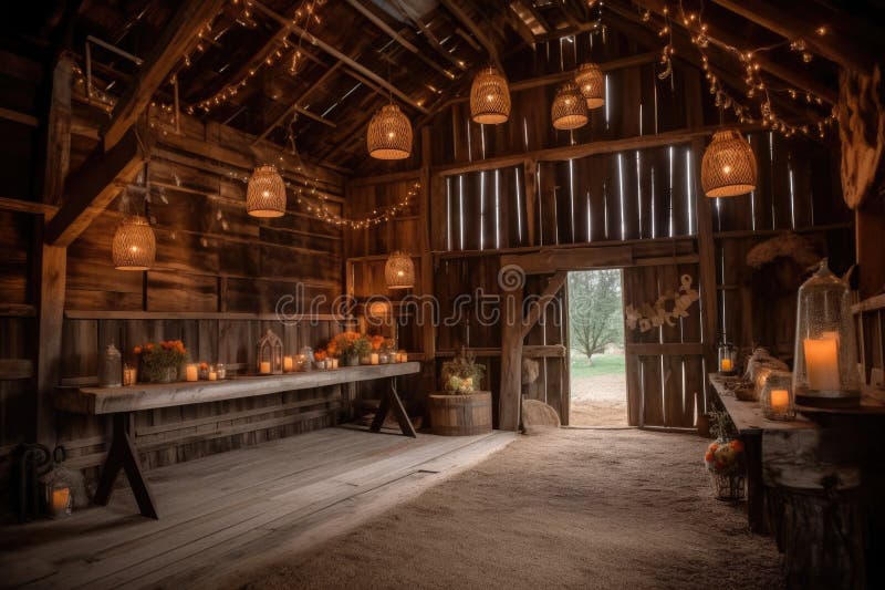 Rustic Barn with Lanterns and Twinkle Lights for Magical Setting Stock ...