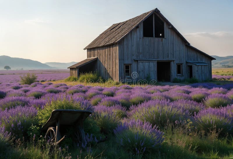 Rustic Barn in Lavender Fields at Sunrise. Stock Illustration ...