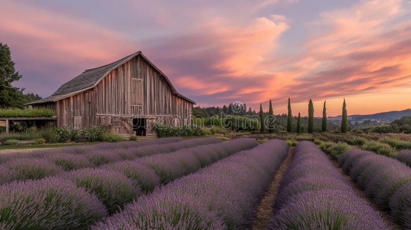 Rustic Barn with Lavender Fields and Vibrant Sunset Sky in Countryside ...