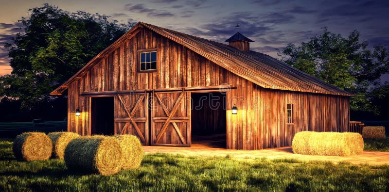 A Rustic Barn, Lit at Night, Features Straw Bales Stacked beside a ...