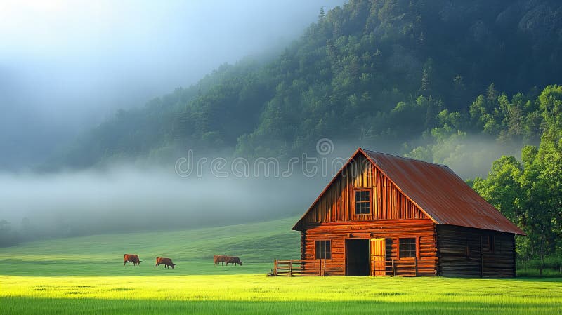 Rustic Barn in Misty Mountain Landscape with Grazing Cows at Sunrise ...