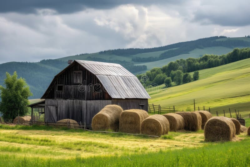 Rustic Barn with Overflowing Bales of Hay among the Rolling Hills Stock ...