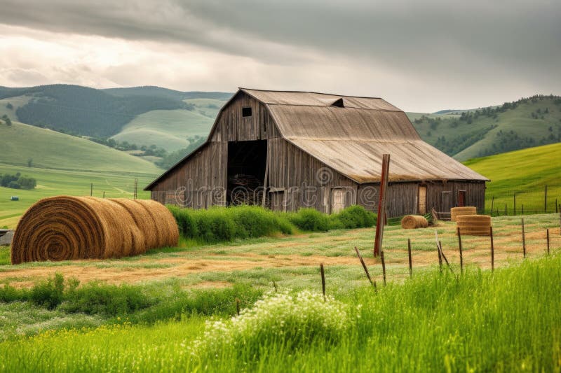 Rustic Barn with Overflowing Bales of Hay among the Rolling Hills Stock ...