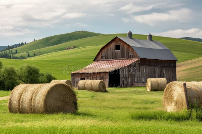 Rustic Barn with Overflowing Bales of Hay among the Rolling Hills Stock ...