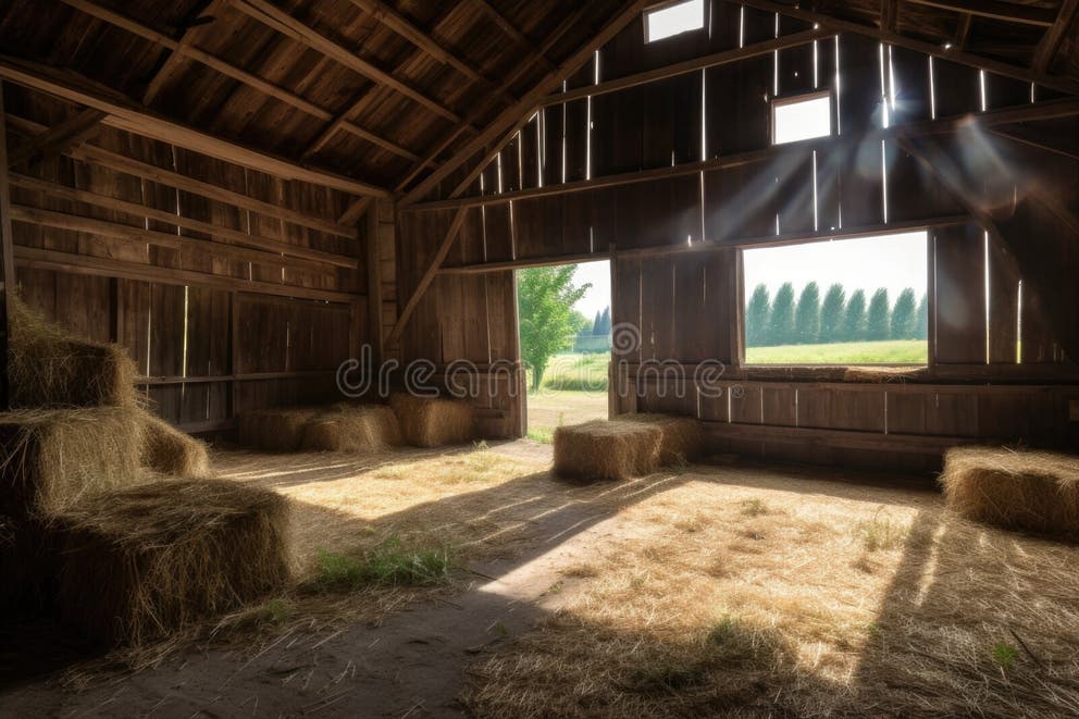 Rustic Barn, with Overflowing Bales of Hay and Sun Shining through the ...
