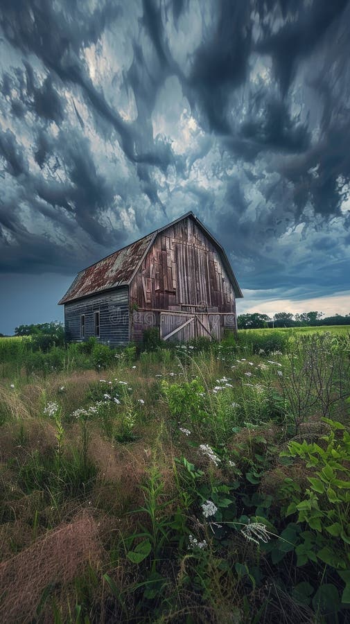 Rustic Barn in Overgrown Field with Stormy Sky, Dramatic Rural Scenery ...