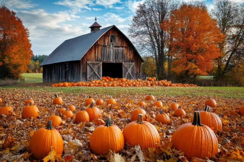 Rustic Barn and Pumpkin Patch in Autumnal Landscape Stock Illustration ...