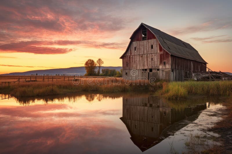 Rustic Barn Reflected in a Calm Pond at Sunset Stock Illustration ...