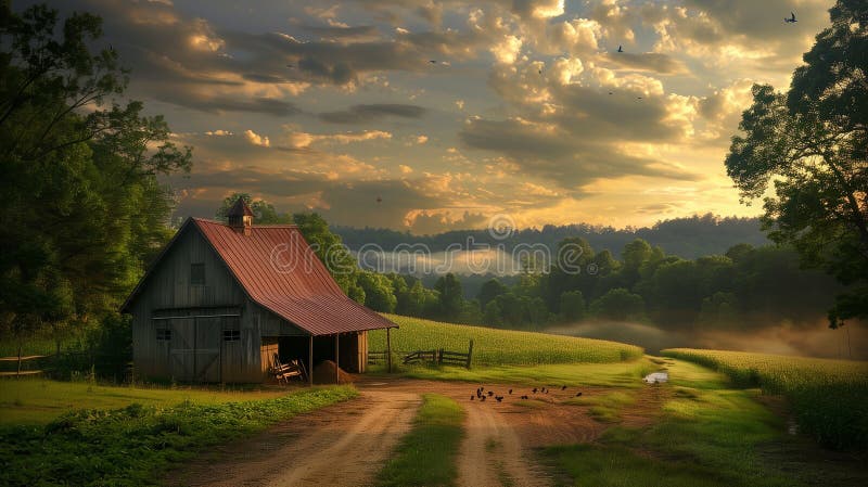Rustic Barn in a Rural Countryside Stock Illustration - Illustration of ...