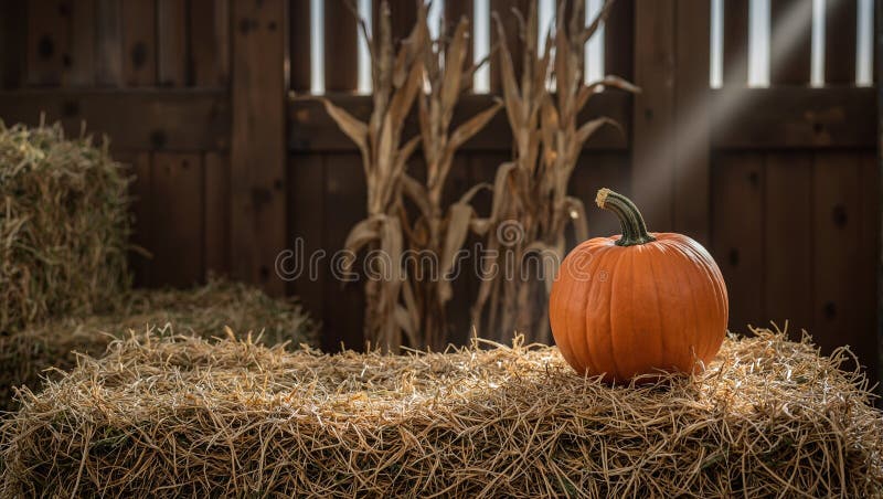 Rustic Barn Scene with Pumpkin Hay Bale Corn Stalks and Soft Sunlight ...