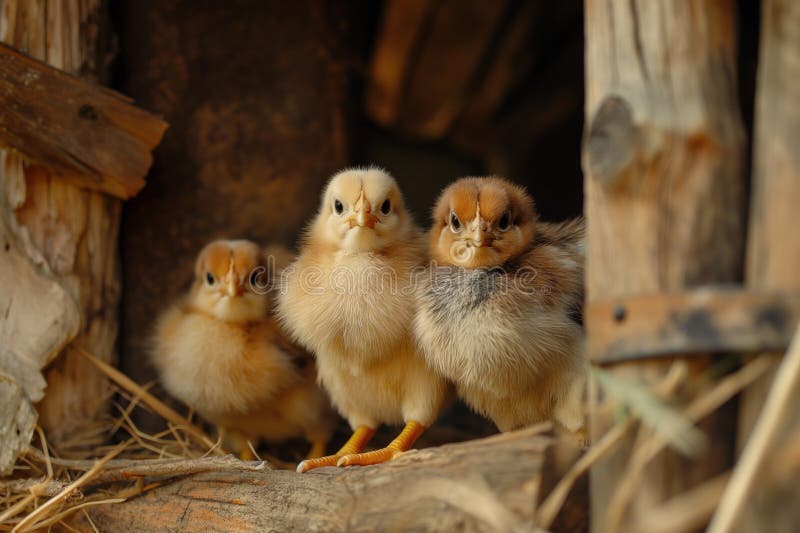 Rustic Barn Setting Features Three Young Chickens Standing Together ...
