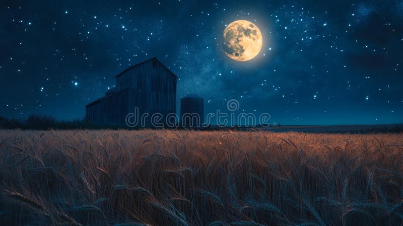 Rustic Farm Under Full Moon Night Sky Generative AI Stock Illustration - Illustration of field ...
