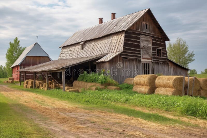 Rustic Barn with Stack of Hay Bales and Feeding Troughs Stock Photo ...