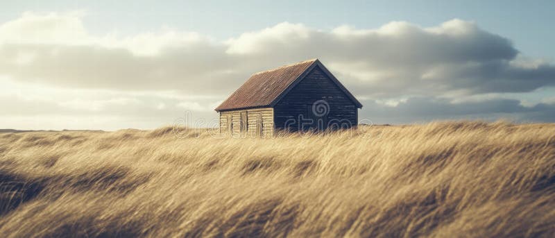 Rustic Barn Stands Alone in a Vast Field of Tall Grass Under a Dramatic ...