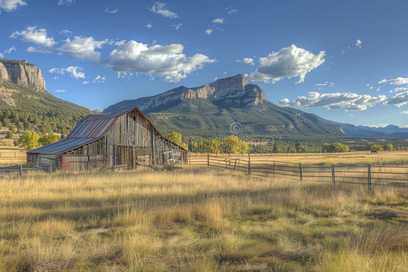 A Rustic Barn Stands in a Green Field, with Mountains Rising Up in the ...