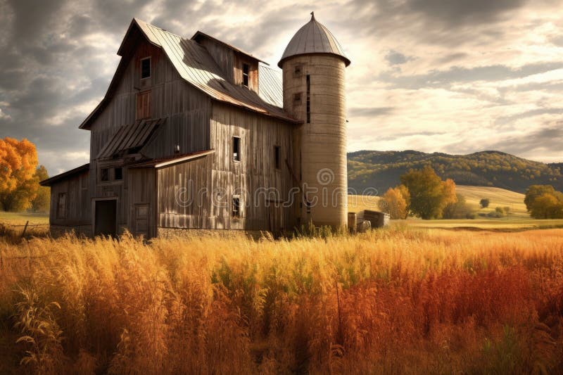 Rustic Barn with a Stone Silo in the Background Stock Illustration ...