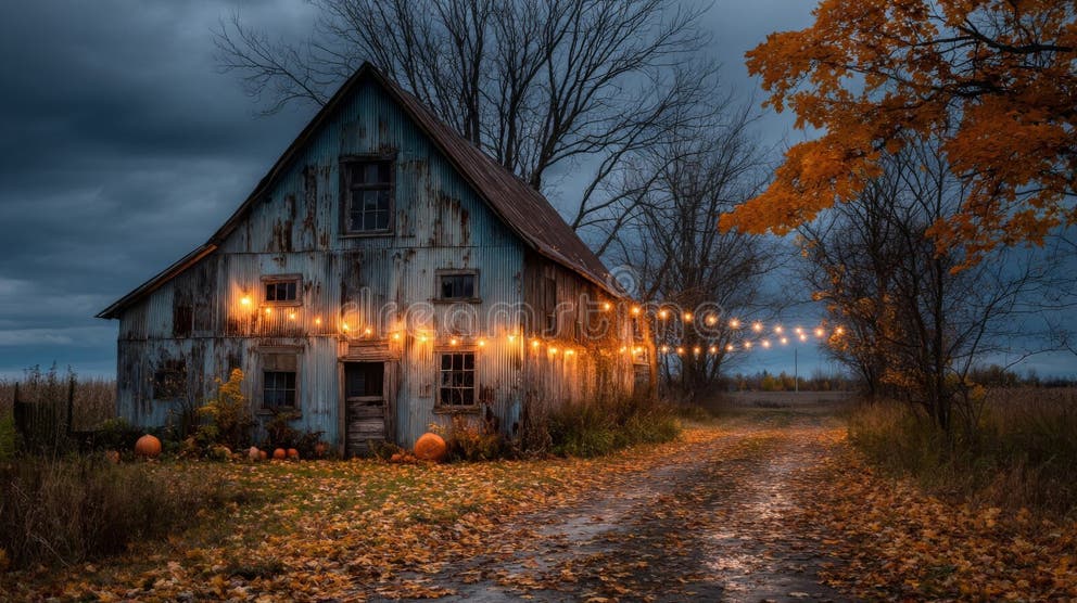 Rustic Barn with String Lights at Dusk Stock Illustration ...