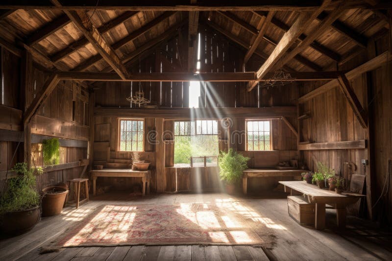Rustic Barn with Sun Shining through the Windows, Illuminating the ...