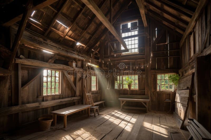 Rustic Barn with Sun Shining through the Windows, Illuminating the ...